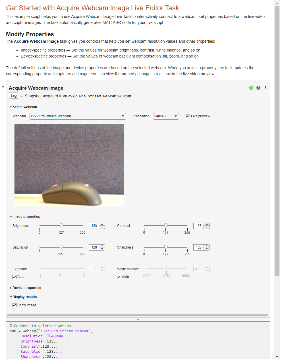 Using Acquire Webcam Image Live Editor Task from Hardware Manager - MATLAB & Simulink